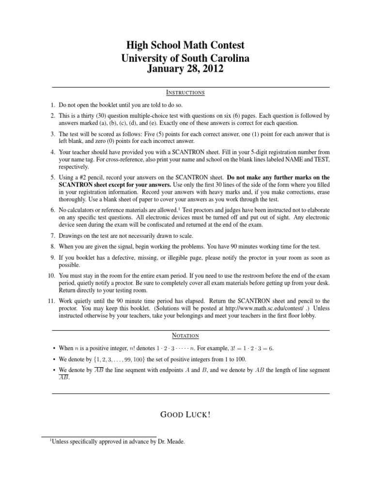 High School Math Contest University of South Carolina 2012 | PDF | Test ...