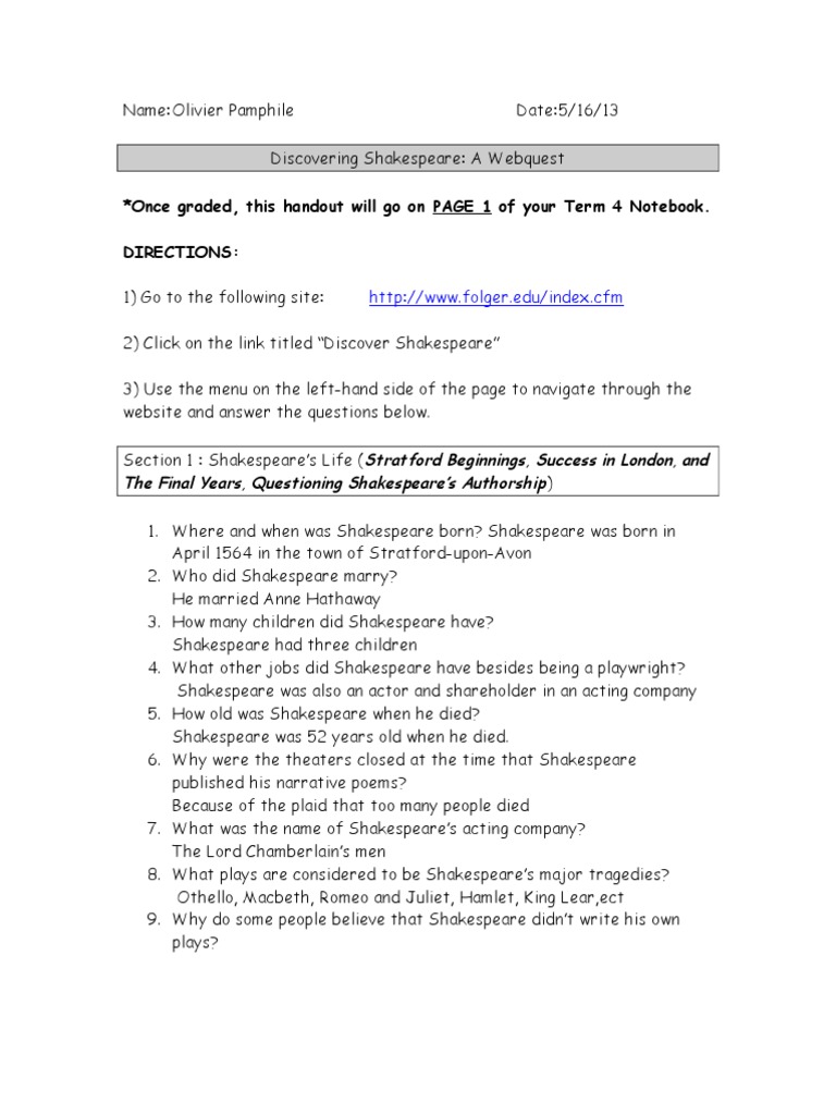 Shakespeare Webquest | PDF | English Renaissance | William Shakespeare