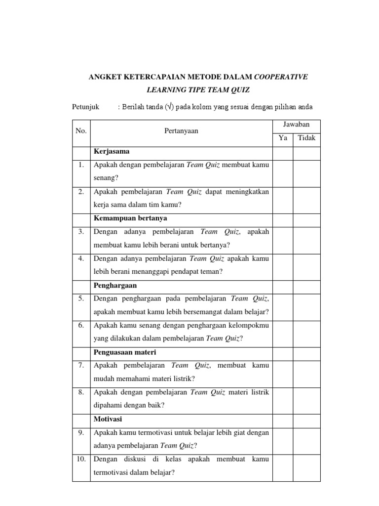 Angket Ketercapaian Metode Dalam Cooperative Learning Tipe Team Quiz ...