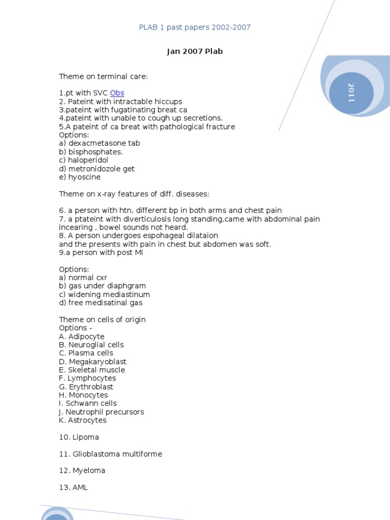 PLAB 1 Past Papers | PDF | Indigestion | Cancer