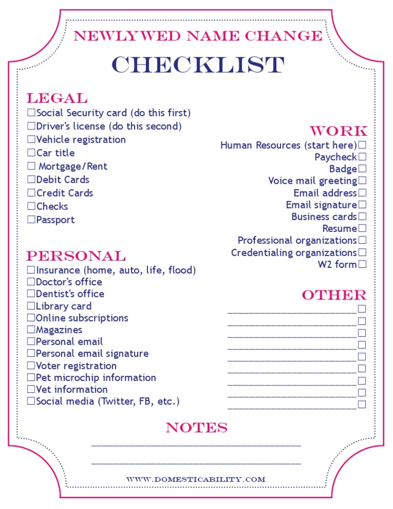 Newlywed Name Change Checklist Printable | PDF