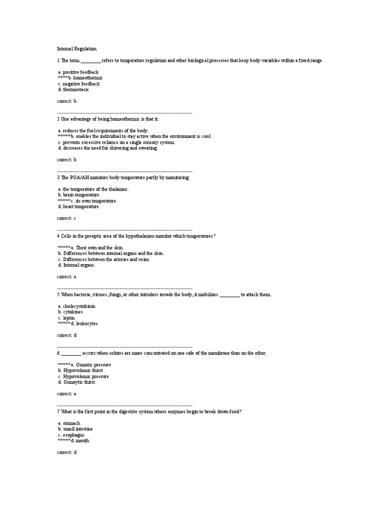 Internal Regulation Multiple Choice Quiz | PDF | Stomach | Leptin