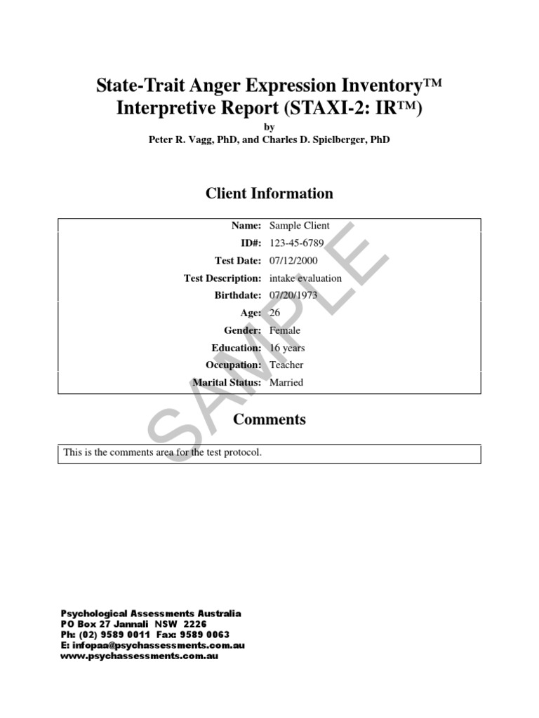 Sample: State-Trait Anger Expression Inventory™ Interpretive Report ...
