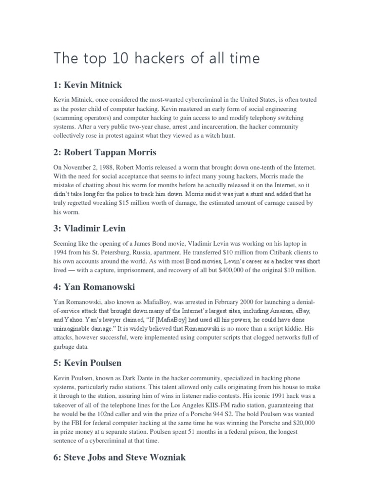 The Top 10 Hackers of All Time | PDF | Security Hacker | Cybercrime