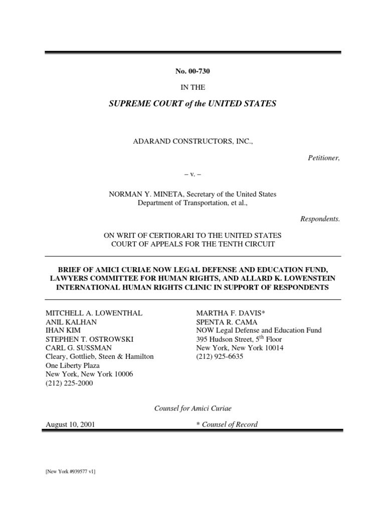 Adarand Constructors, Inc., v. Mineta, Et Al., 534 U.S. 103 (2001 ...