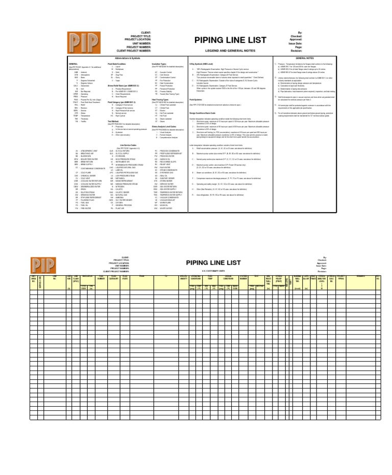PIP Line List | PDF | Pipe (Fluid Conveyance) | Applied And Interdisciplinary Physics