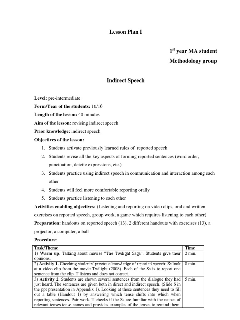 Lesson Plan Indirect Speech | PDF | Lesson Plan | Sentence (Linguistics)