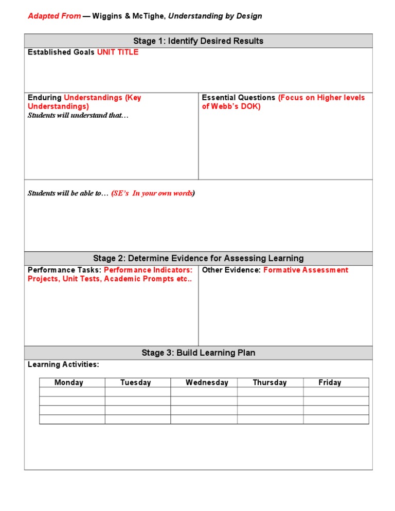 Blank Lesson Planning Template (UbD) With Calendar Grid | PDF | Career ...