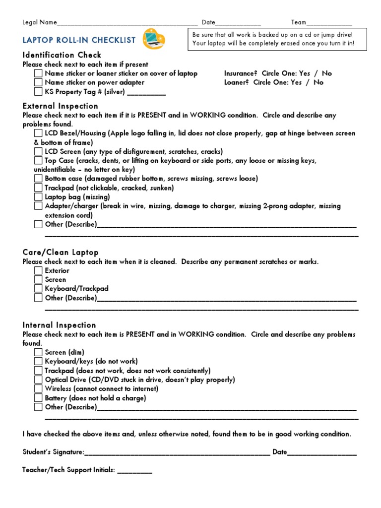 2013 Student Laptop Roll-In Checklist | PDF | Laptop | Computer Keyboard