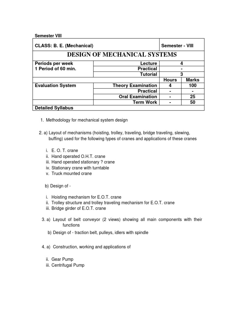 Mechanical System Design Syllabus | PDF | Crane (Machine) | Engines