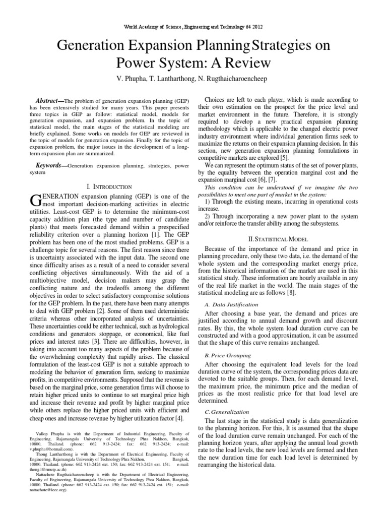 Generation Expansion Planning Strategies On Power System: A Review | PDF | Perfect Competition ...