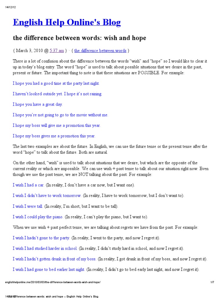 The Difference Between Words - Wish and Hope English Help Online's Blog | PDF | English Language ...
