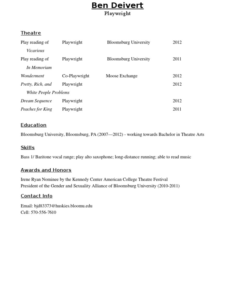 Ben Deivert: Playwright Resume | PDF