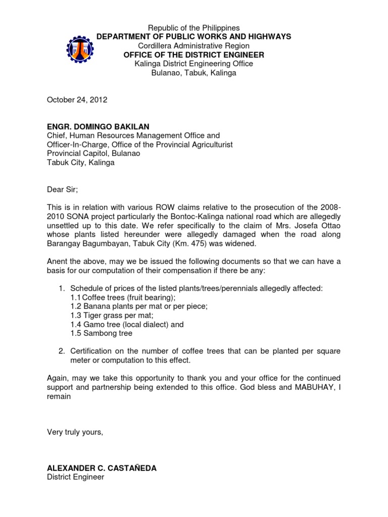 Sample Rrow-Letter-Dpwh | PDF