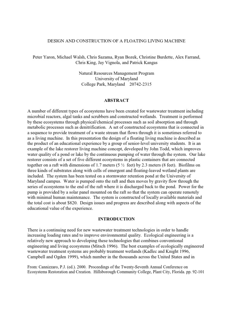 Design and Testing of a Floating Living Machine Treatment System: An ...