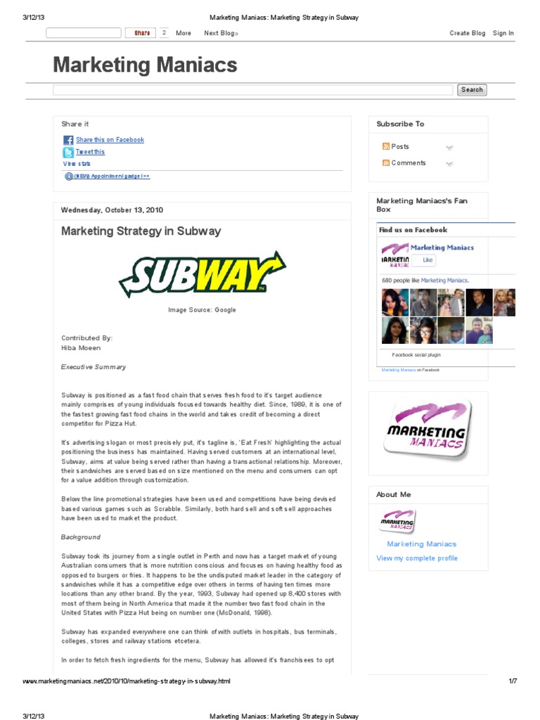 Marketing Maniacs - Marketing Strategy in Subway | PDF | Fast Food ...