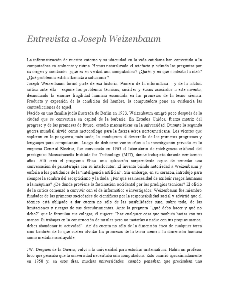Entrevista A Joseph Weizenbaum | PDF | Science | Ingeniería