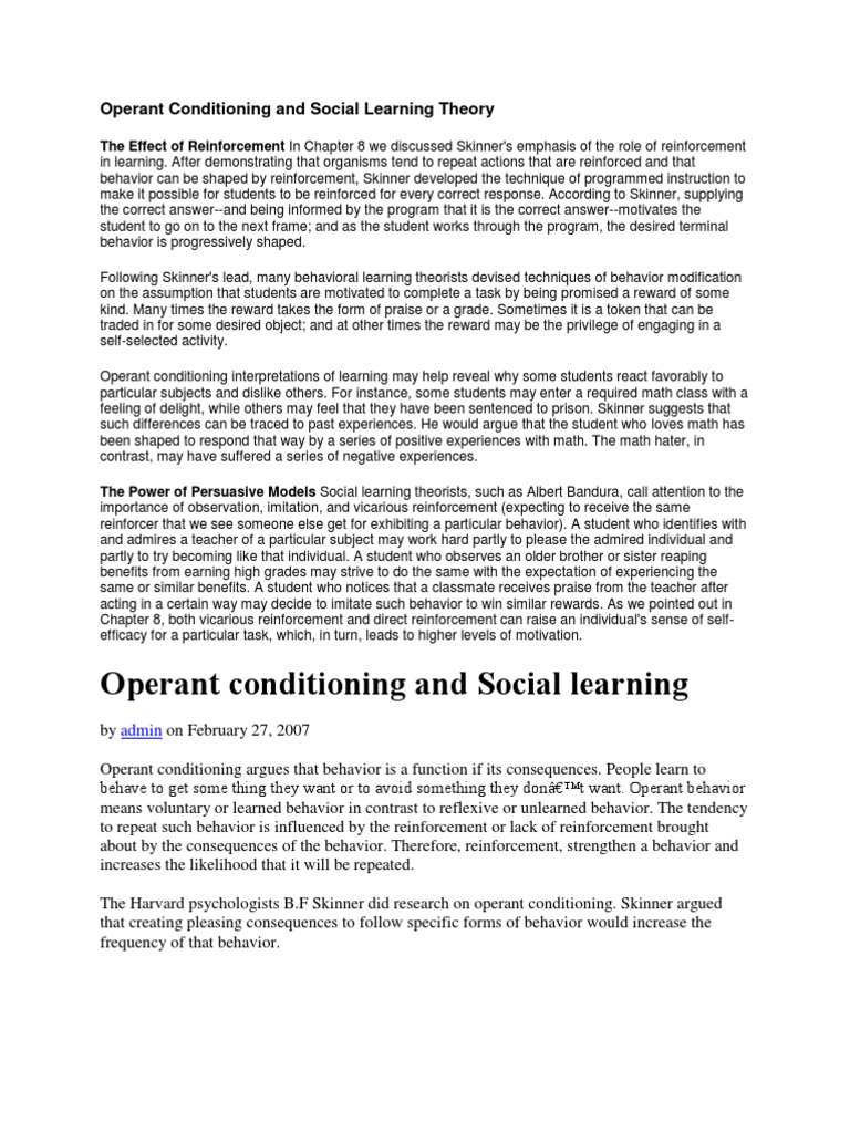 Operant Conditioning and Social Learning Theory | PDF | Reinforcement ...