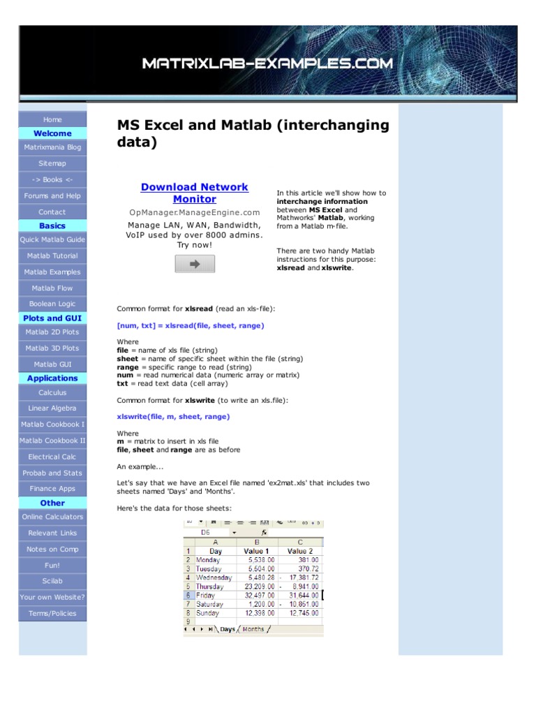MS Excel and Matlab (Interchanging Data) : Download Network Monitor | PDF | Matlab | Microsoft Excel