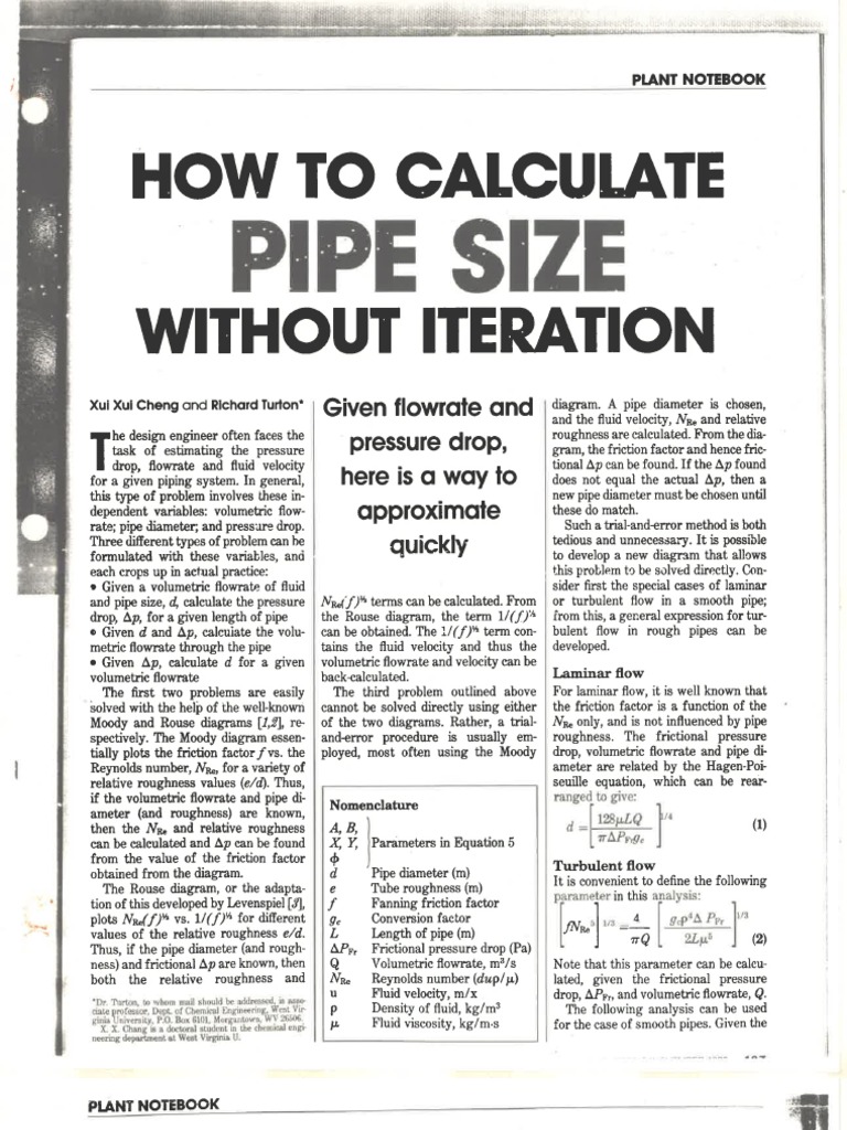 How To Calculate Pipe Size Without Iteration PDF | PDF