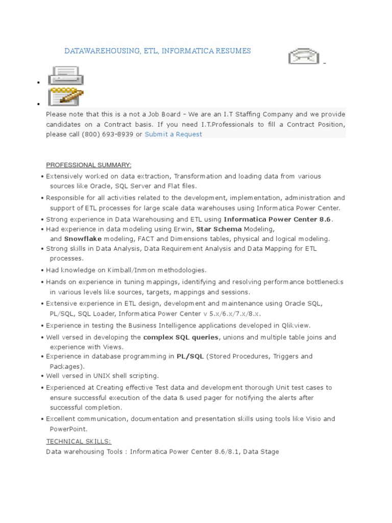 Datawarehousing, Etl, Informatica Resumes: Professional Summary | PDF | Oracle Database ...