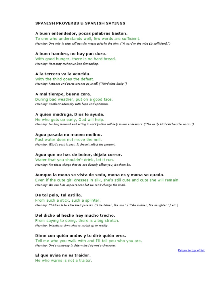 Spanish Proverbs and Sayings Explained | PDF