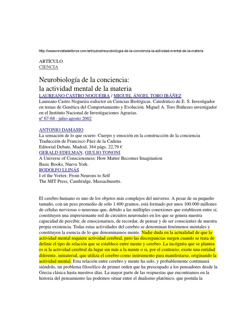 1 Neurobiología De La Conciencia Pdf Cerebro Memoria