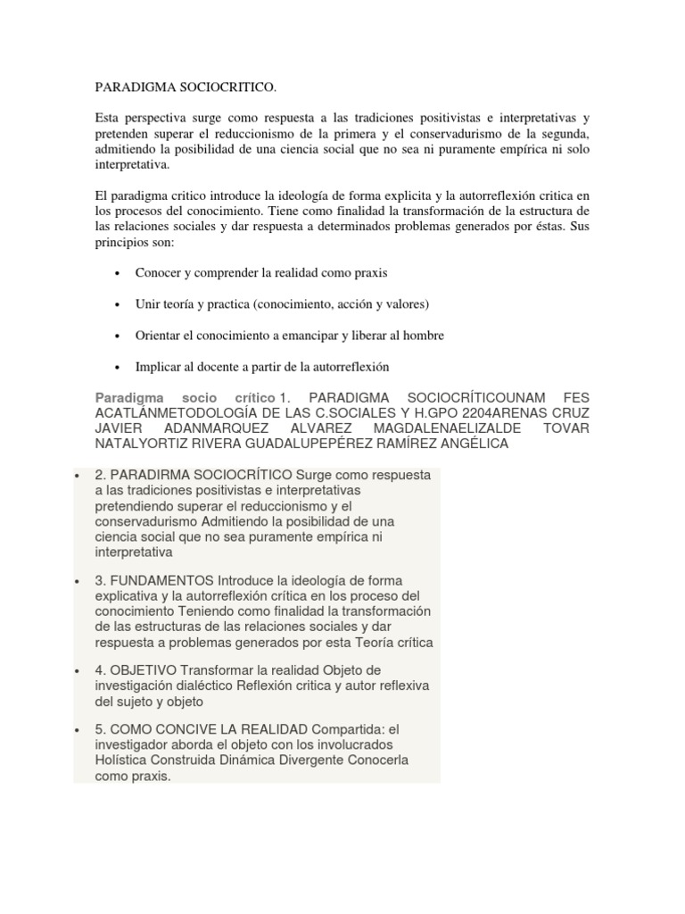 Definición del Paradigma Sociocrítico | PDF | Paradigma | Conocimiento