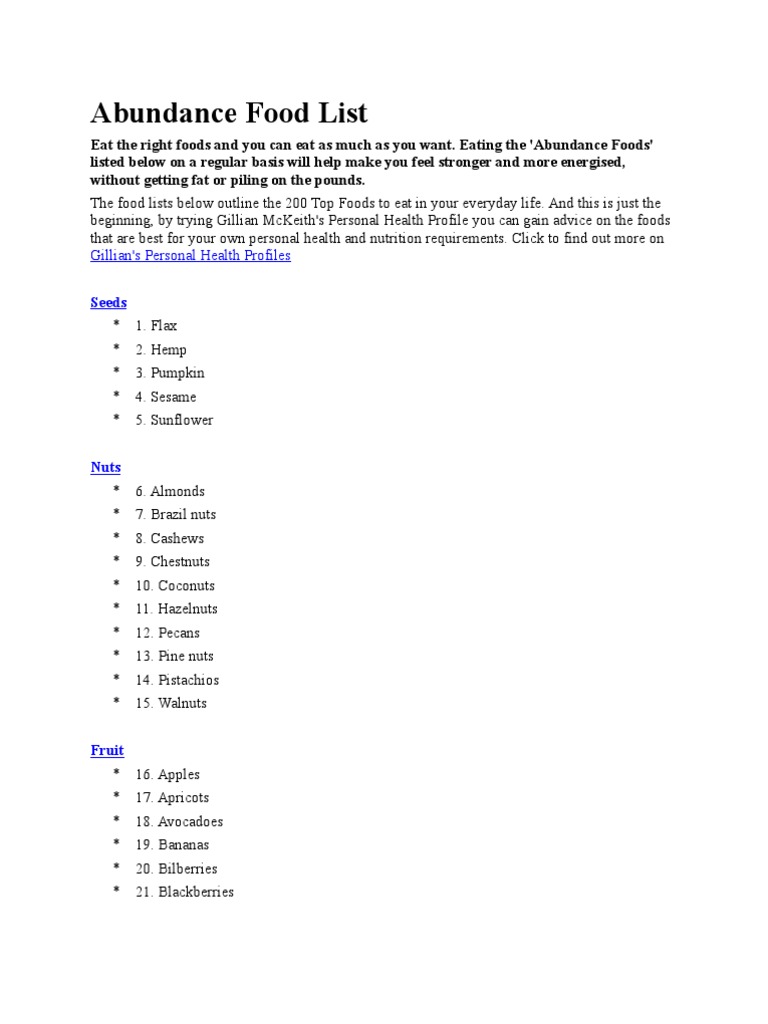 Abundance Food List | PDF | Leaf Vegetable | Berry