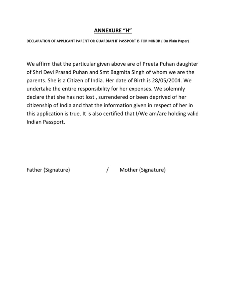 Annexure "H": Declaration of Applicant Parent or Guardian If Passport ...