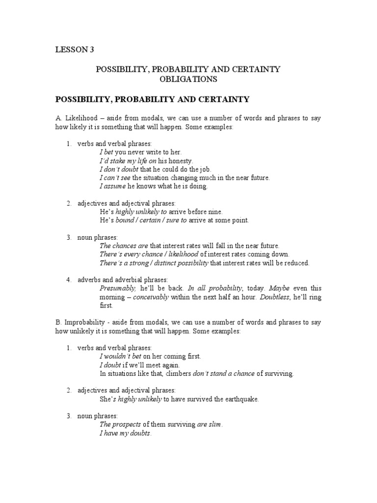 Lesson 3 Possibility, Probability and Certainty Obligations | PDF ...