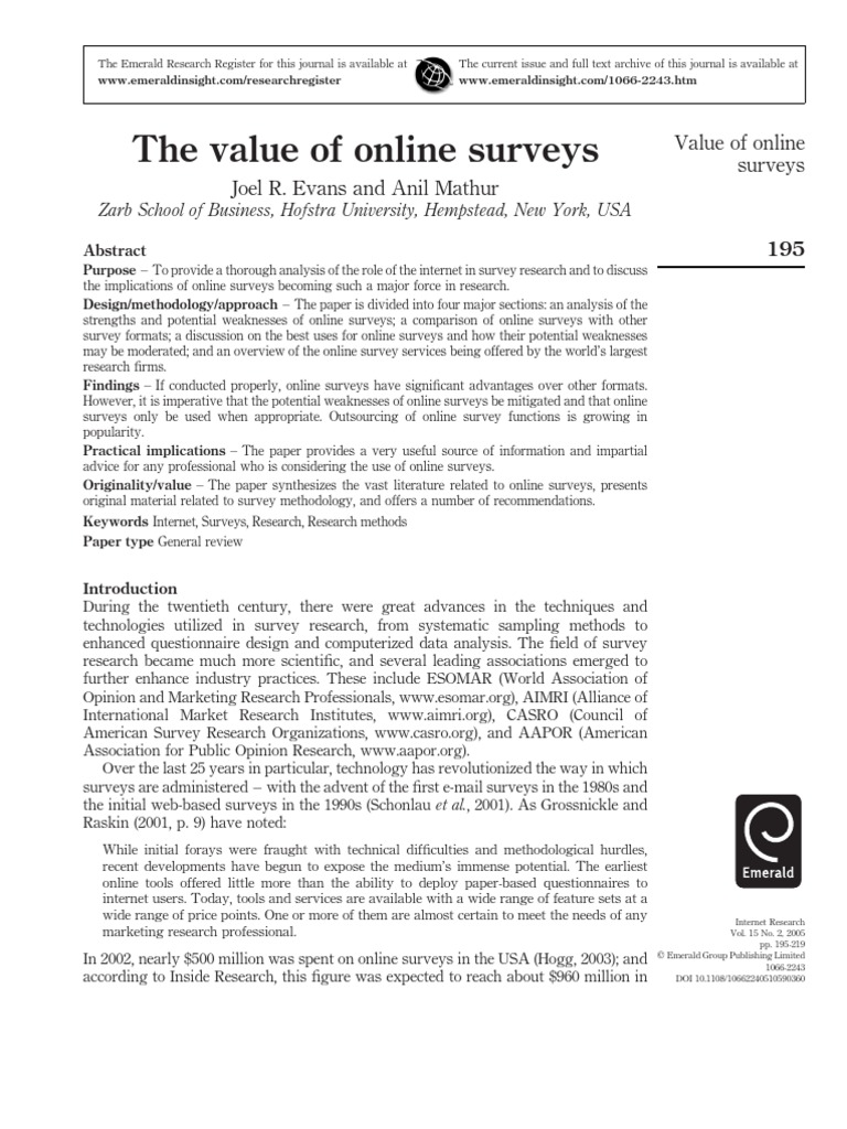Value of Online Surveys | PDF | Survey Methodology | Questionnaire