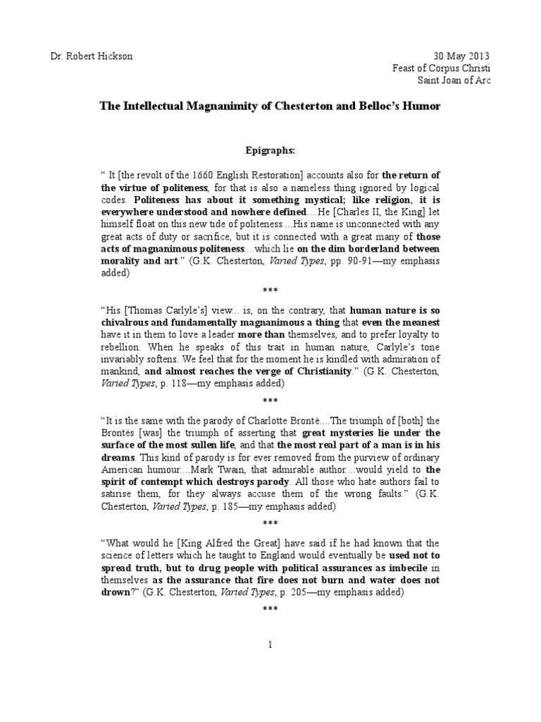 The Intellectual Magnanimity of Chesterton and Belloc's Humor | PDF | G ...