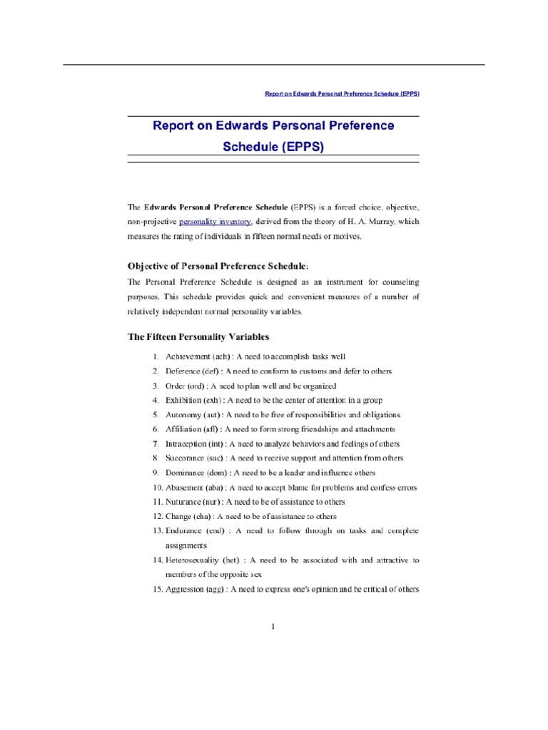 Report on Edwards Personal Preference Schedule personality inventory ...
