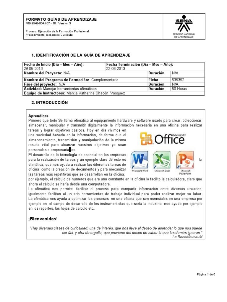 Guía de aprendizaje para el manejo de herramientas ofimáticas | PDF | Microsoft Excel | Evaluación