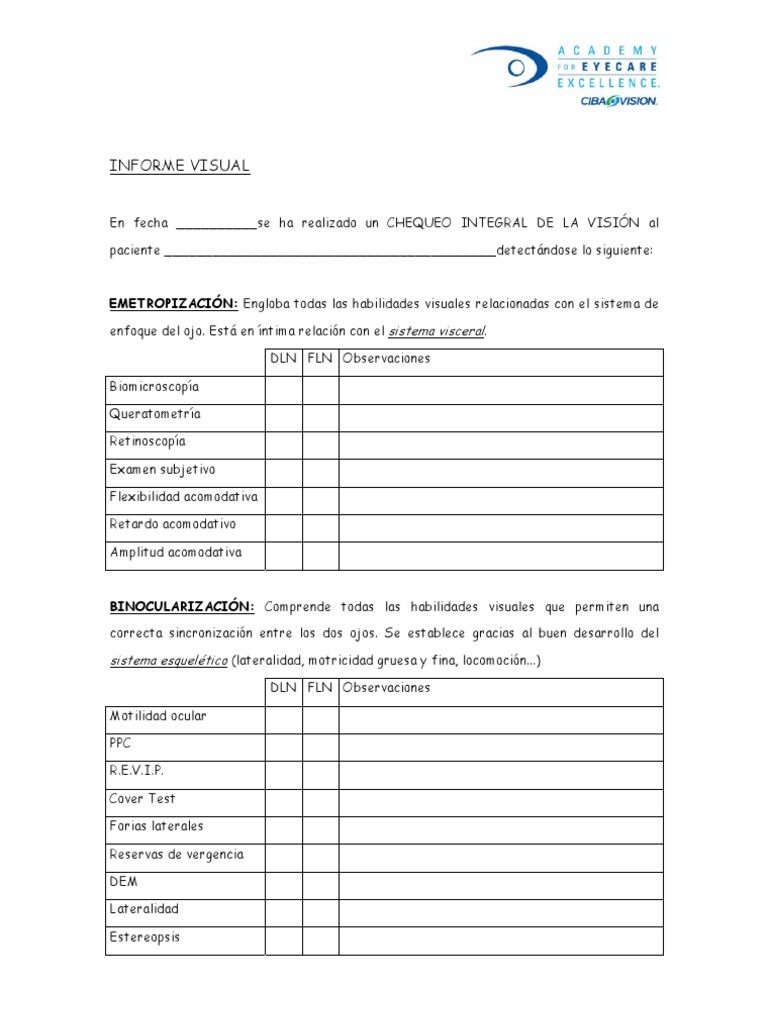 Informe de Chequeo Visual Integral | PDF | Percepción visual | Ojo