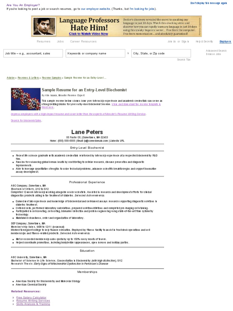 Entry-Level Biochemist Resume Sample - Monster | PDF | Résumé | Science