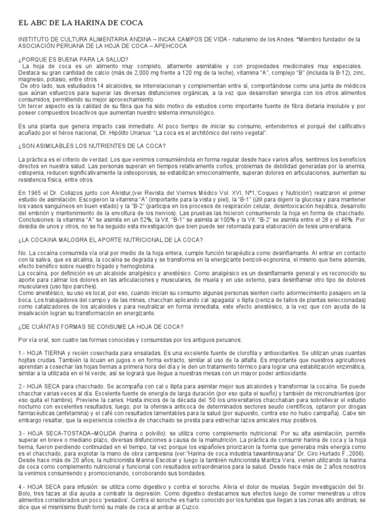 El ABC de La Harina de Coca | Descargar gratis PDF | Cocaína | Fibra ...