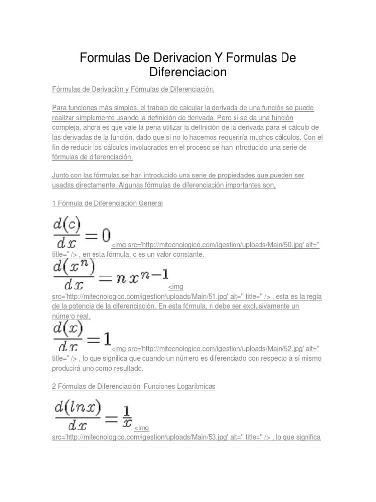 Formulas De Derivacion Y Formulas De Diferenciacion.docx | Logaritmo | Derivado
