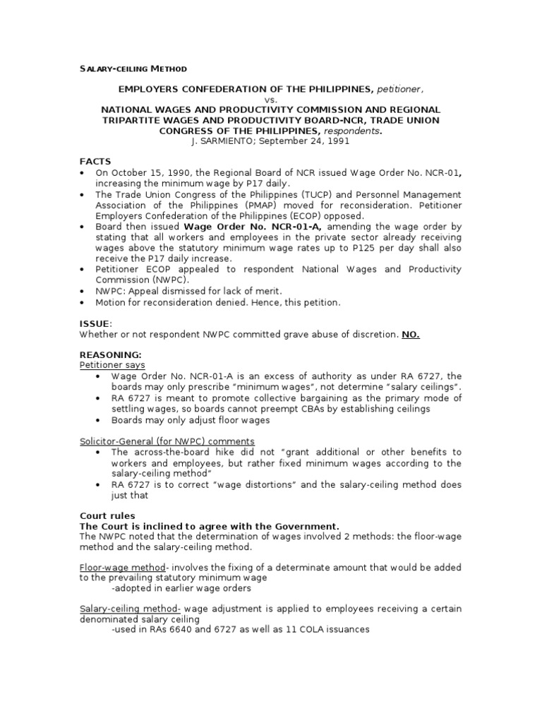 Employers Confederation of The Philippines V NWPC | Minimum Wage | Wage