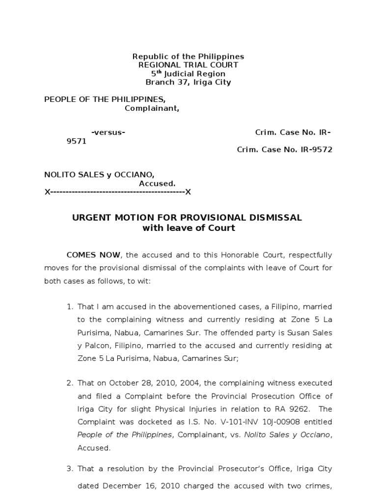 Urgent Motion for Provisional Dismissal | PDF | Prosecutor | Criminal ...