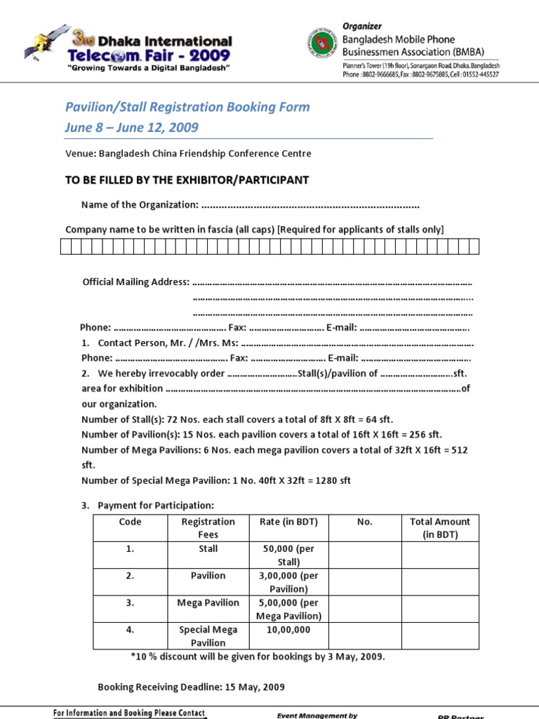 Pavilion/Stall Registration Booking Form June 8 - June 12, 2009 | PDF ...