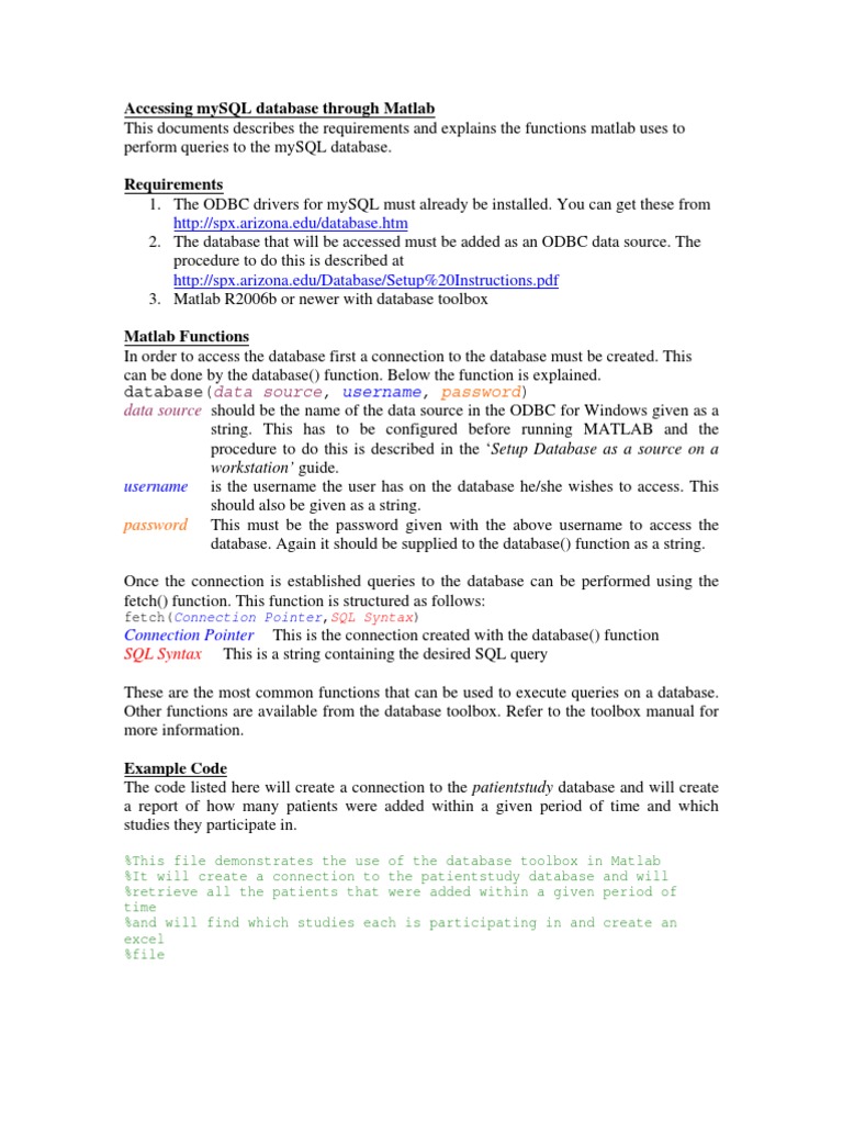 Accessing MySQL Through Matlab | PDF | Databases | Sql