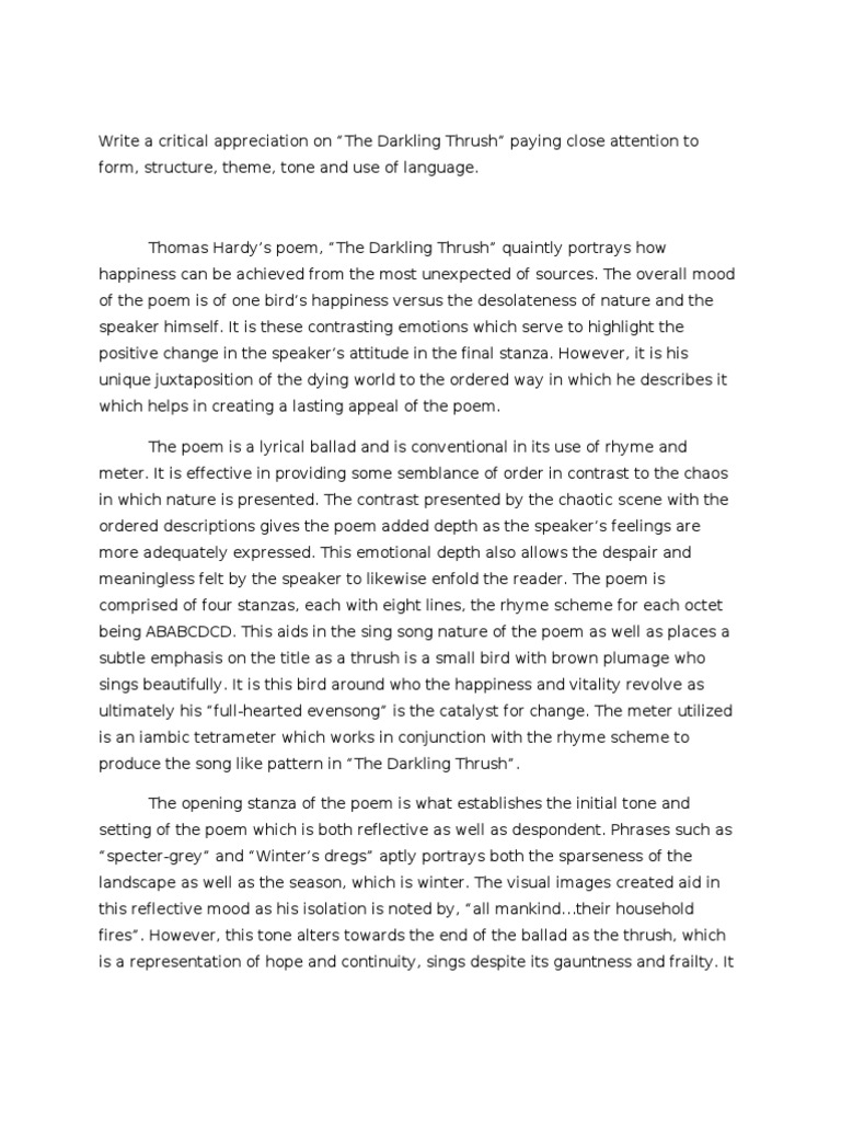 Critical Analysis of Hardy's 'The Darkling Thrush | PDF | Poetry