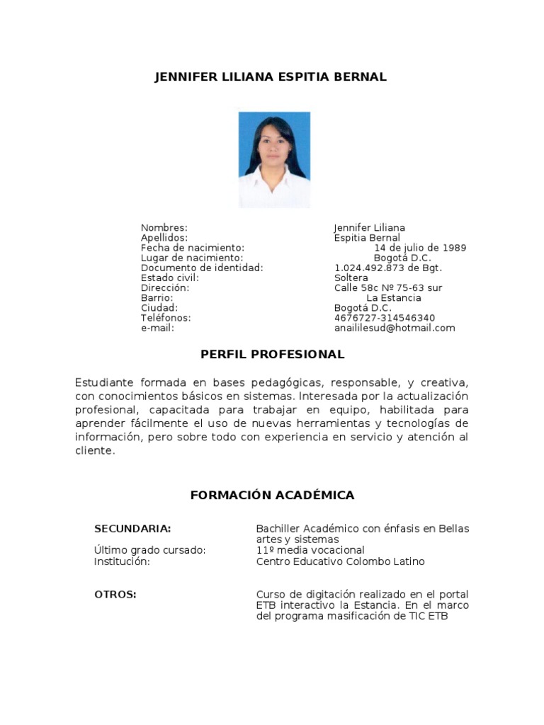 Hoja de Vida Jennifer Espitia | PDF