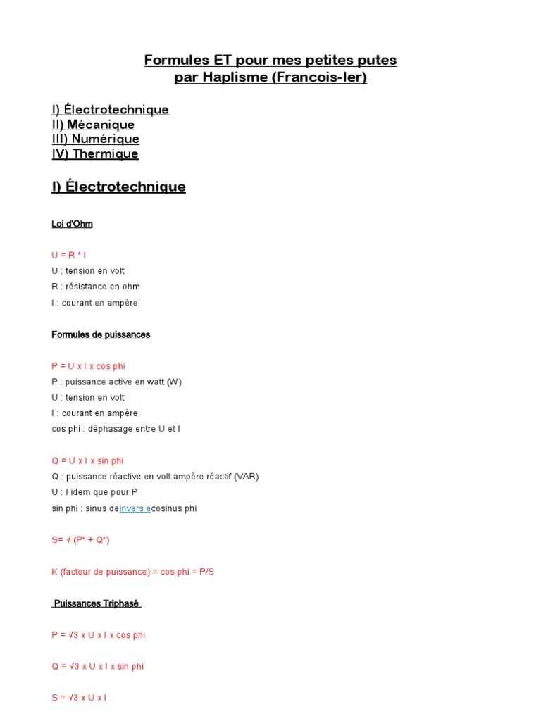 Formules d'Électrotechnique et Puissance | PDF | Puissance (physique ...