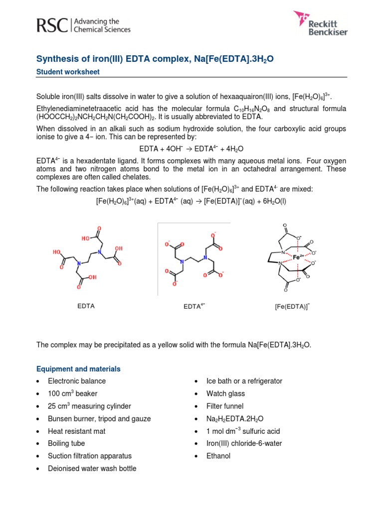 RSC Synthesis of Iron (III) EDTA Complex Student | PDF ...