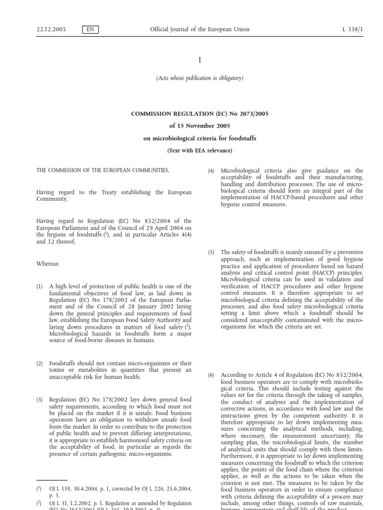 Commission Regulation EC No. 2073-2005 - On Microbiological Criteria ...