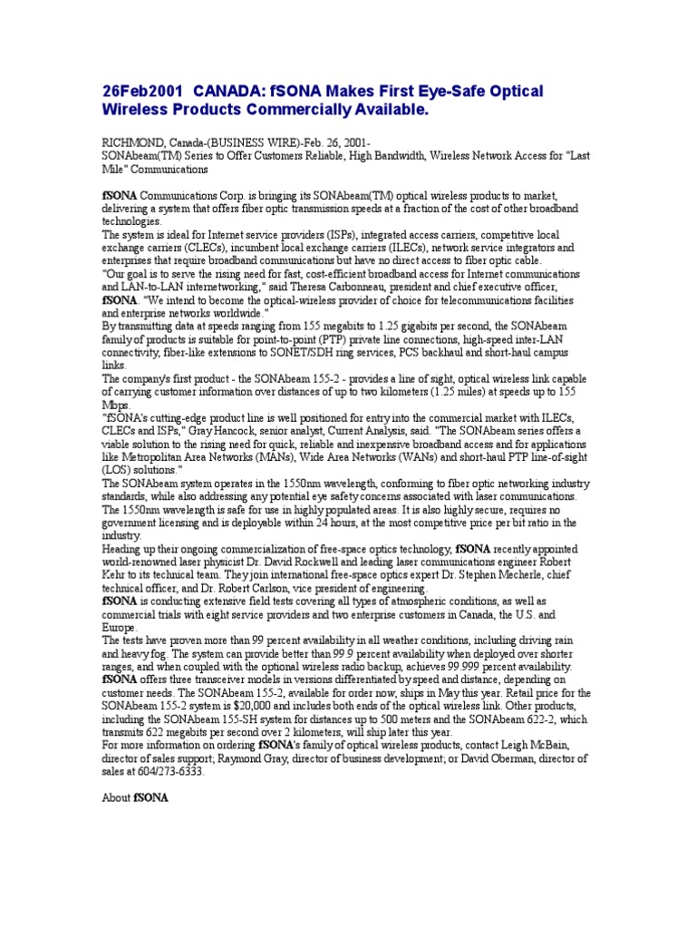 Appendix A - fSONA Press Release | PDF | Broadband | Internet Access