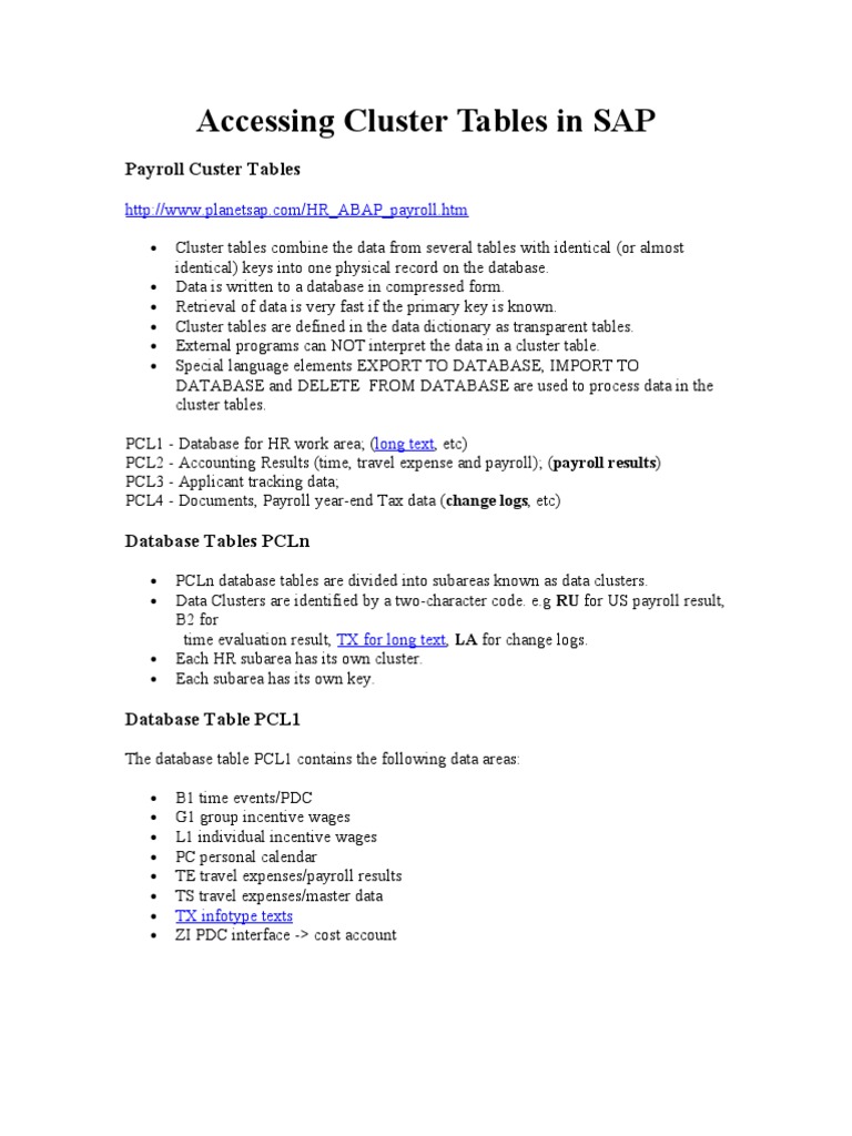 SAP Payroll Cluster Tables Guide | PDF | Databases | Database Schema